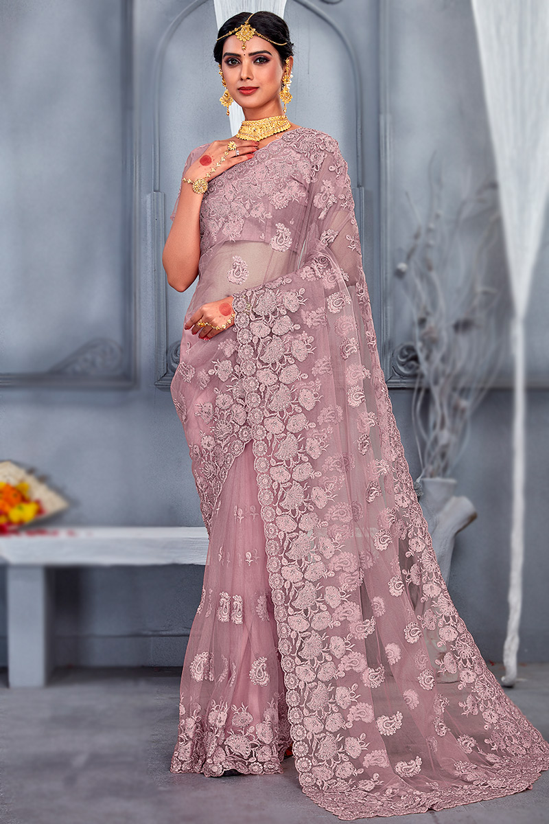 Find Great Deals Light Purple Net Embroidered Saree|SARV152562