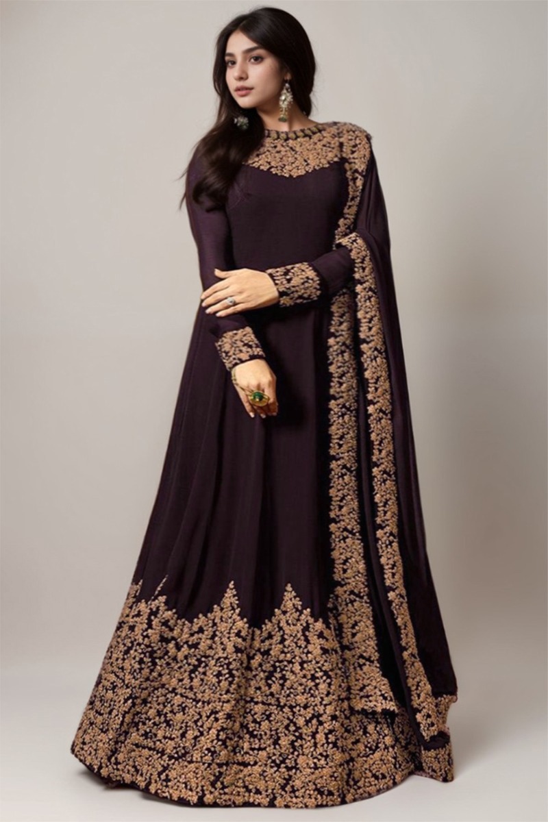 Brown Extra Size Georgette Embroidered Anarkali Suit Online - LSTV0364P ...