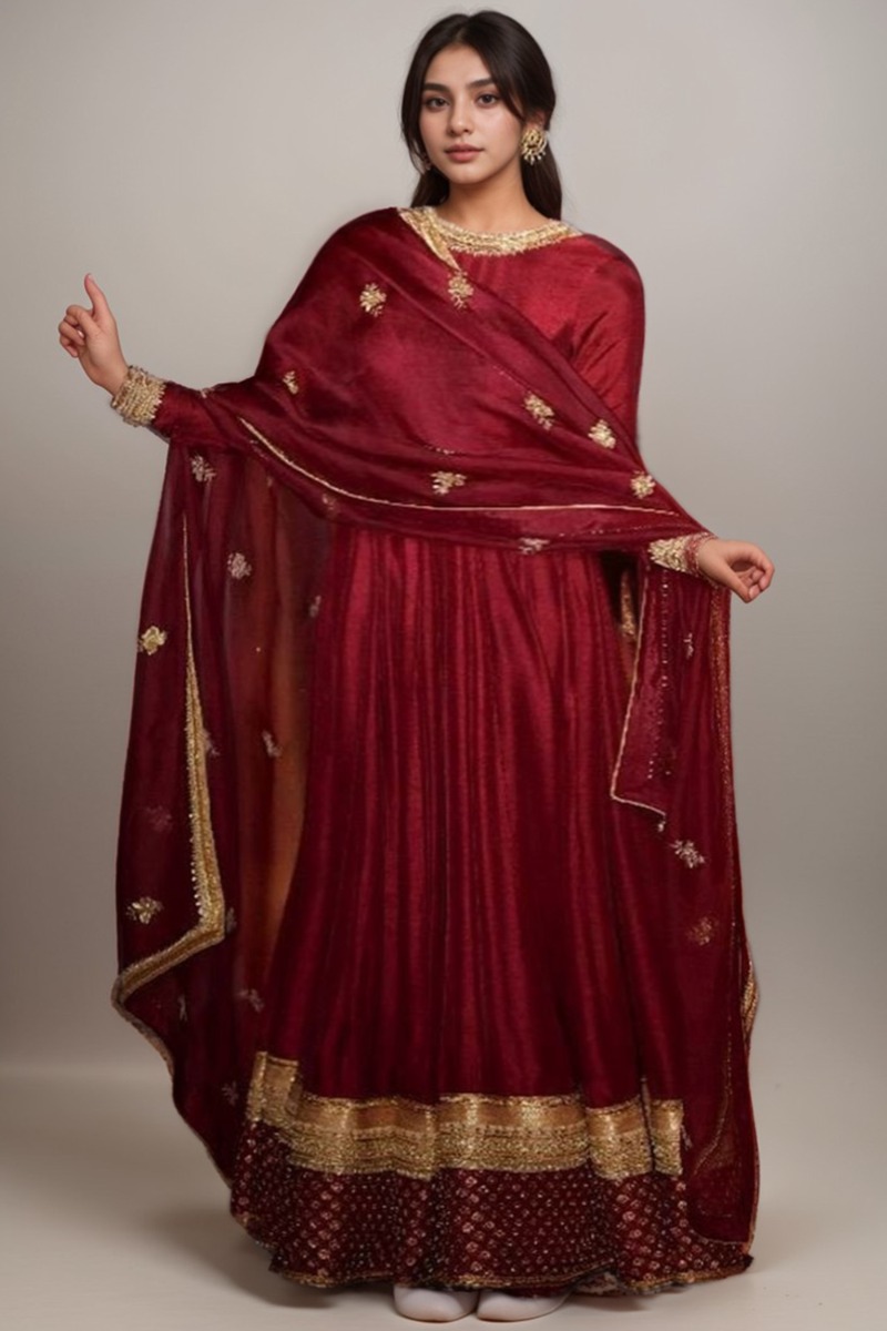Buy Maroon Taffeta Silk Plus Size Anarkali Suit With Dori Work Online ...