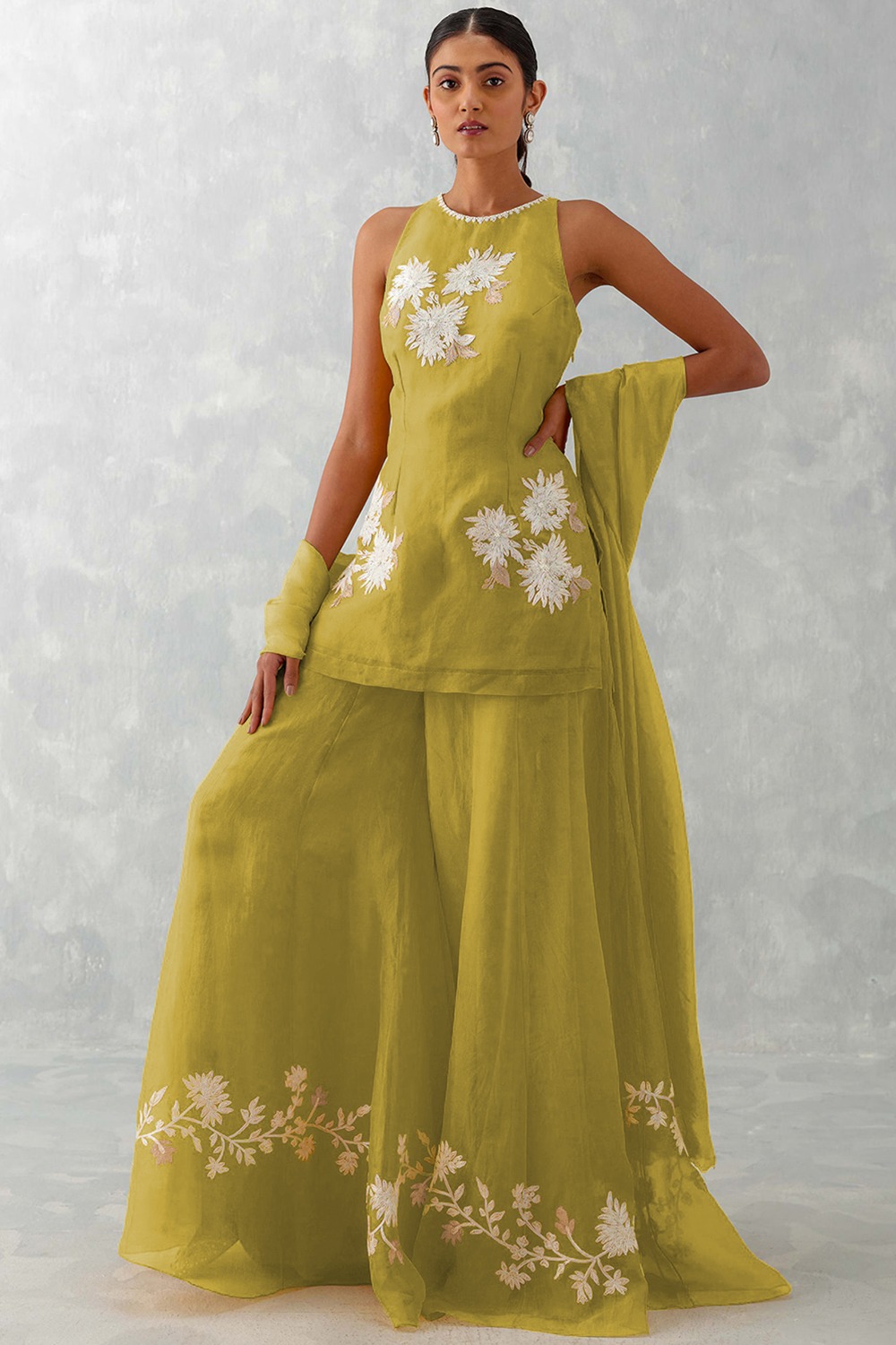 Pear Green Dori Embroidered Organza Sharara Suit For Women