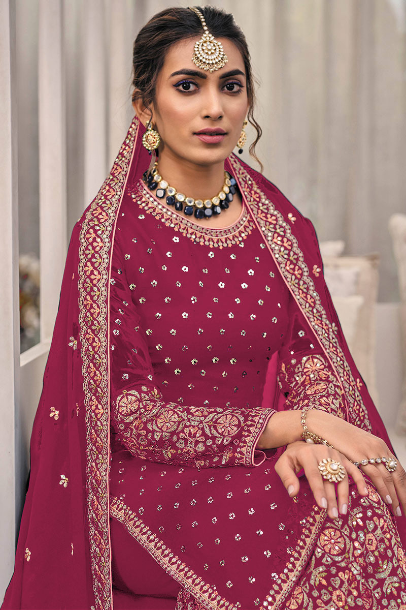 Magenta Pink Georgette Sequins Embroidered Sharara Suit LSTV126327