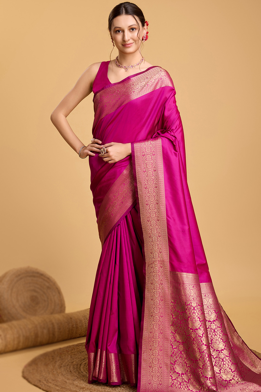 Magenta Pink Silk Woven Zari Broad Border Saree SARV183698