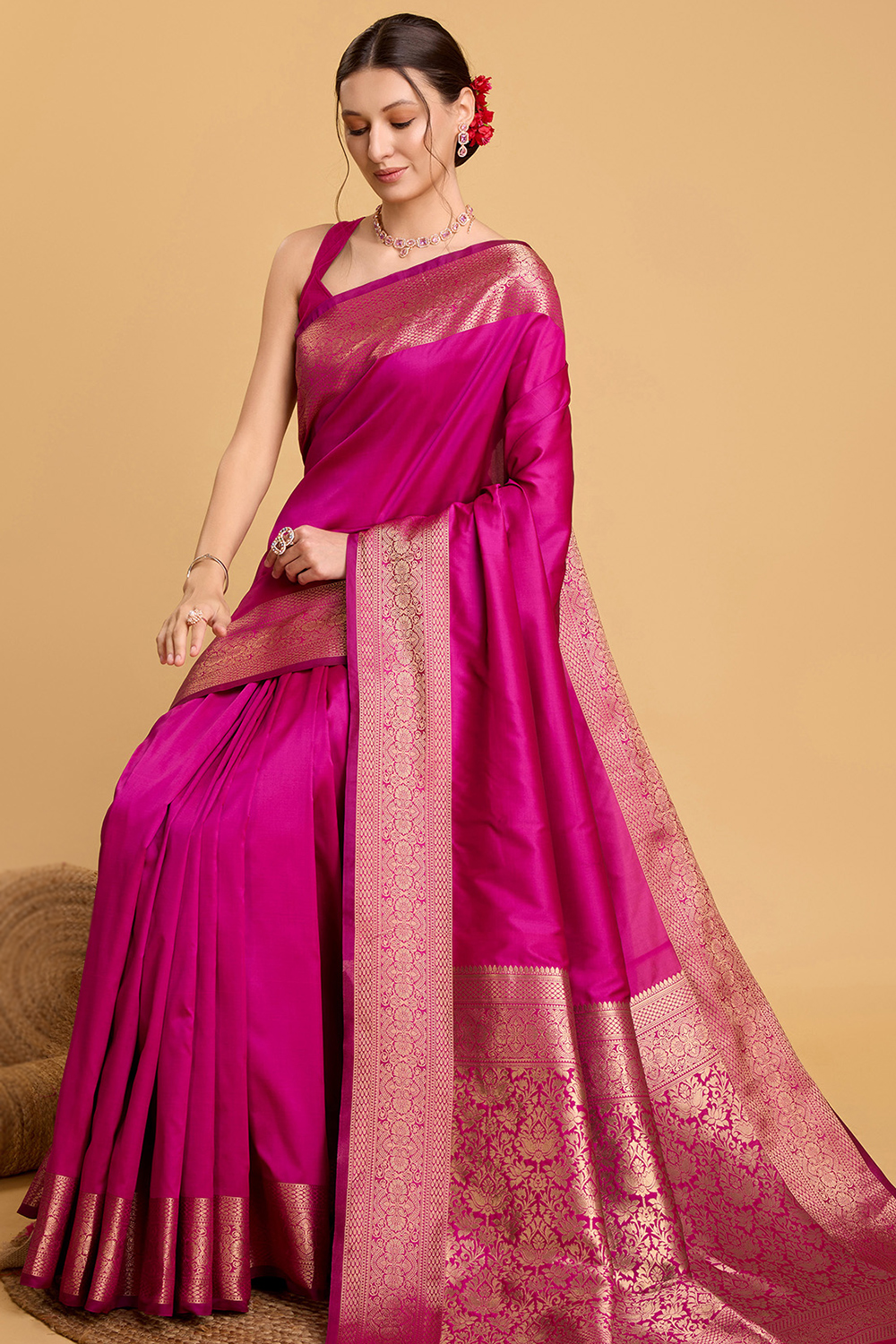 Magenta Pink Silk Woven Zari Broad Border Saree SARV183698