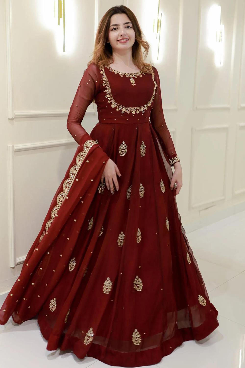 Maroon Georgette Anarkali Suit With Zari Work For Festival - LSTV141883