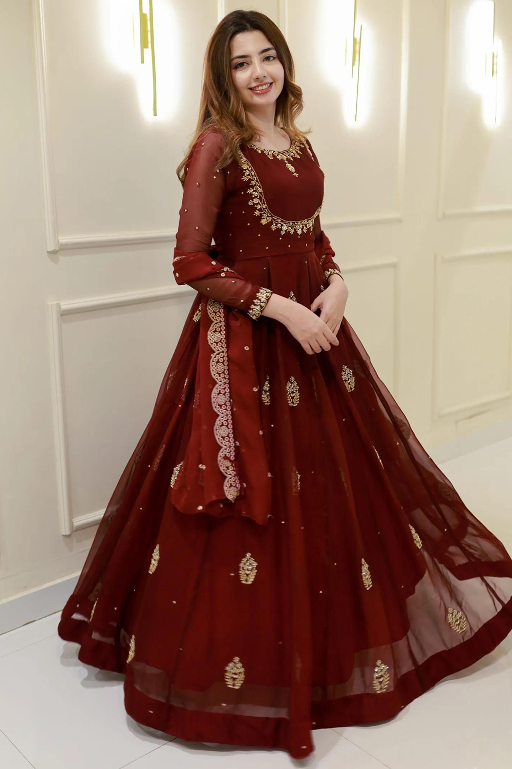 Maroon Georgette Anarkali Suit With Zari Work For Festival - LSTV141883