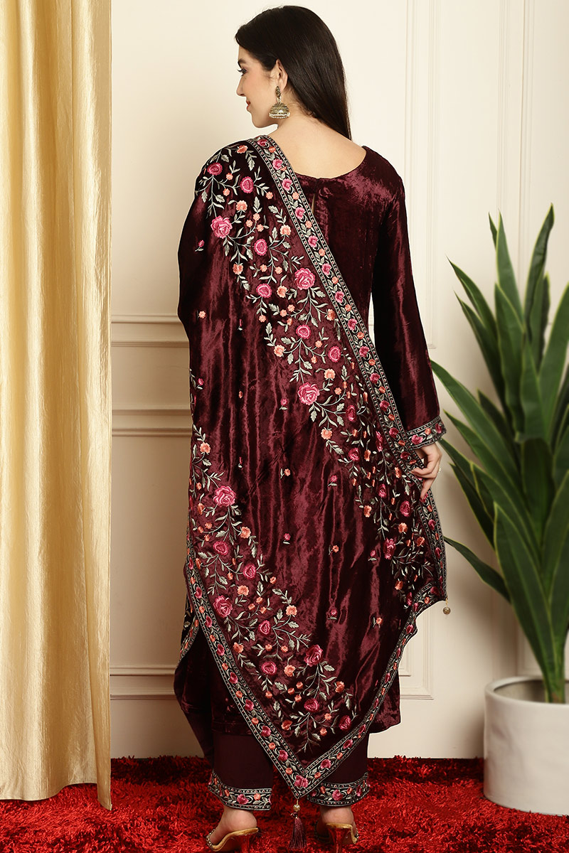 Maroon Velvet Embroidered Straight Cut Trouser Suit LSTV126878