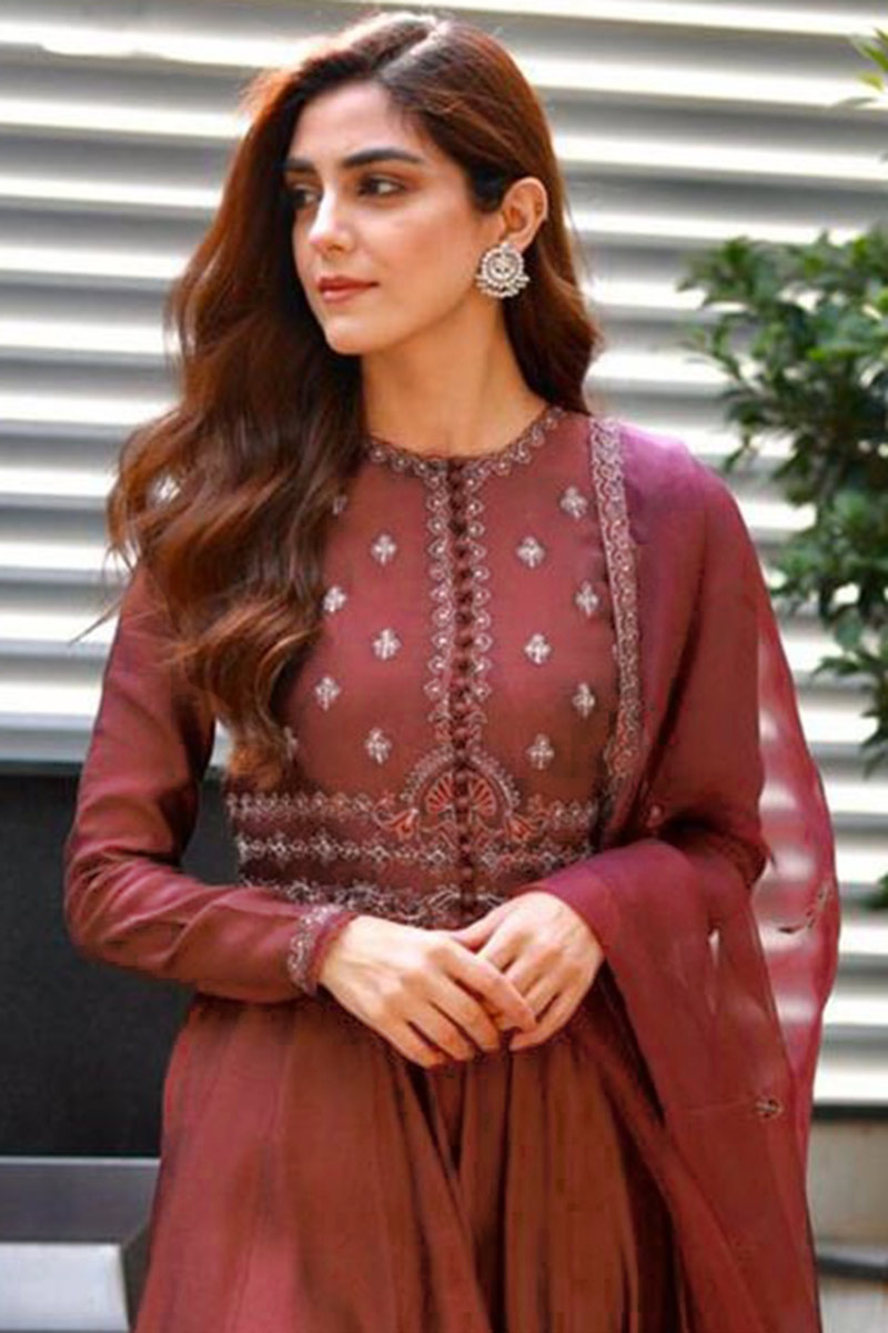 Buy Maya Ali Silk Embroidered Anarkali Suit In Wine Colour Online ...