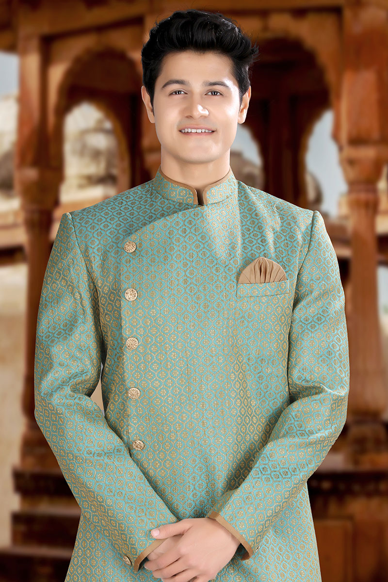 Festival Attire Mint Blue Brocade Men Sherwani MSTV02394