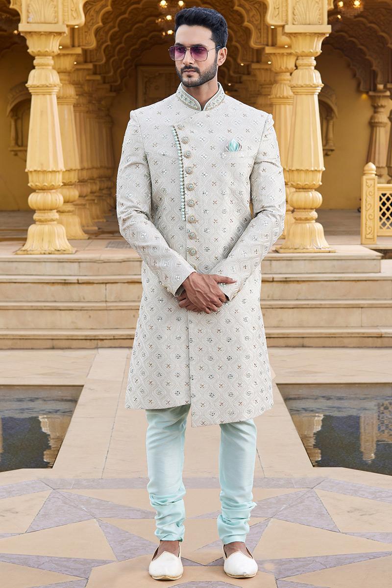 Mint Blue Embroidered Silk Angrakha Style Men's Sherwani MSTV03208