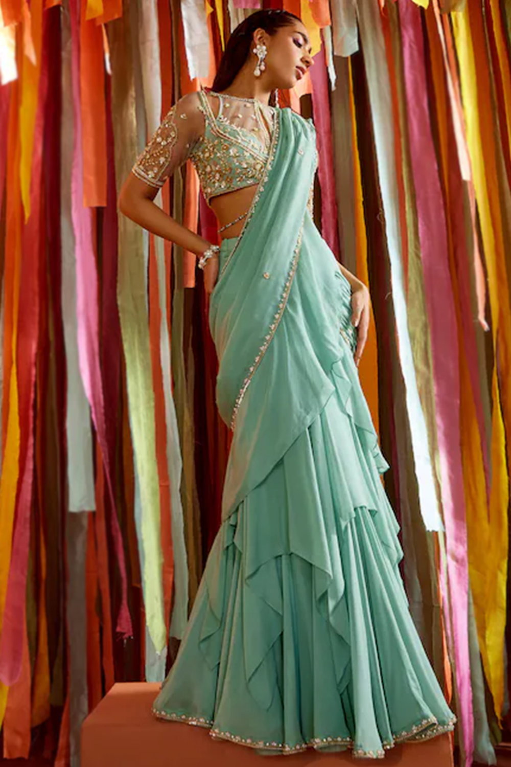 Mint Blue Satin Georgette Embroidered Party Wear Ruffle Saree SARV182496