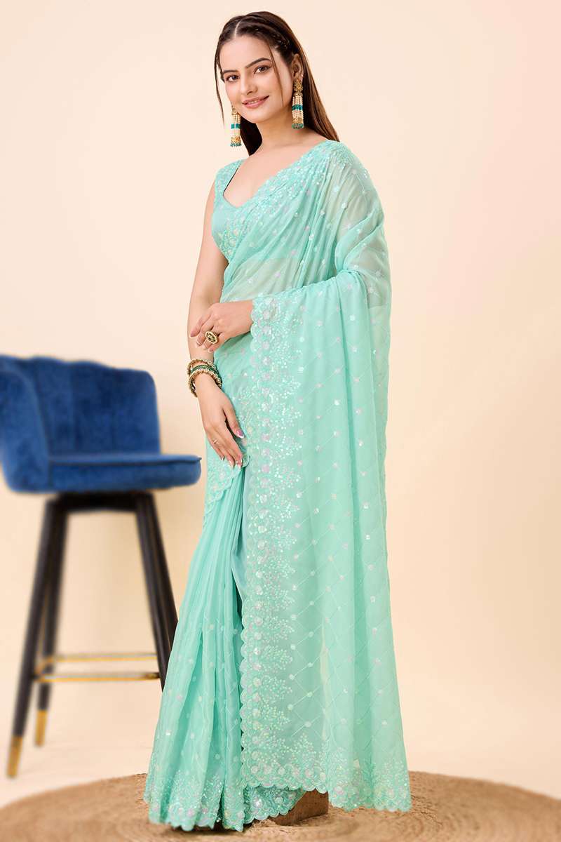 Mint Blue Organza Sequins Embroidered Lightweight Saree SARV173328