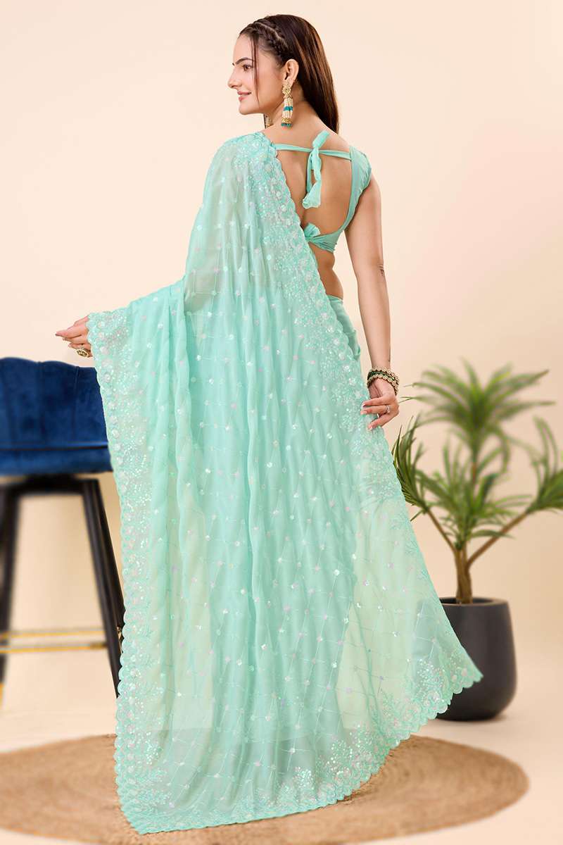 Mint Blue Organza Sequins Embroidered Lightweight Saree SARV173328
