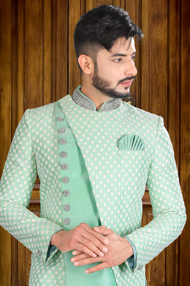 Festival Attire Light Yellow Brocade Embroidered Men Sherwani MSTV02390
