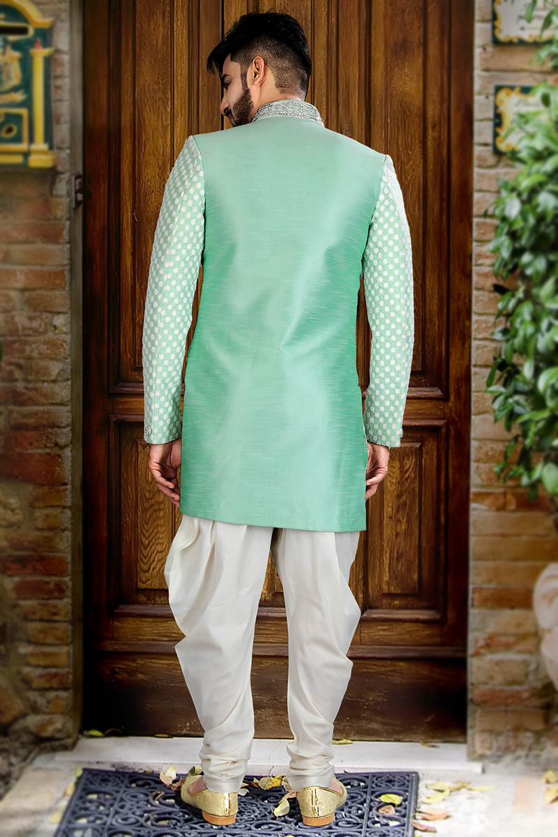 Festival Attire Light Yellow Brocade Embroidered Men Sherwani MSTV02390