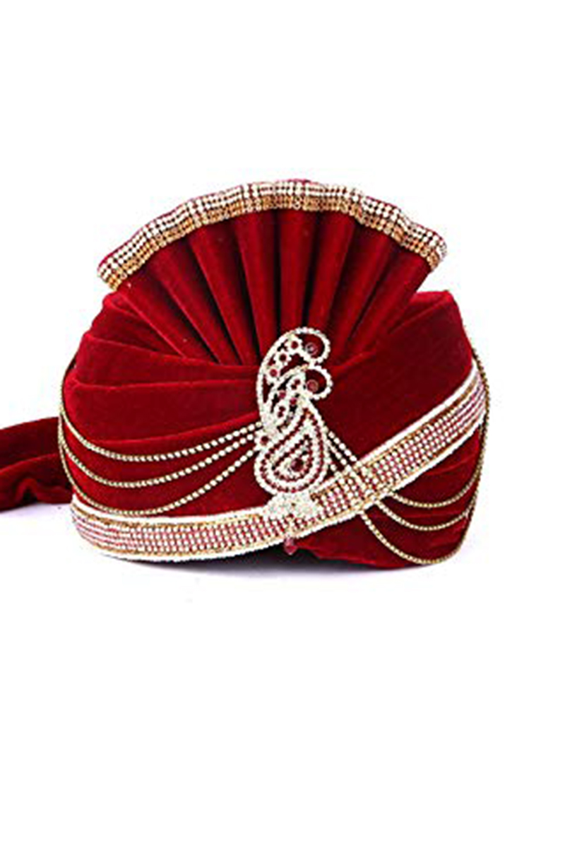 Beautiful Lace Embroidered Deep Red Velvet Men's Turban - MT46- Andaaz ...