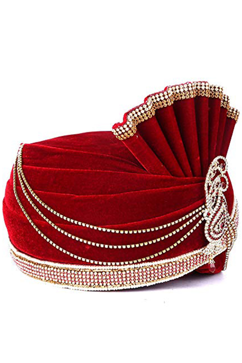 Beautiful Lace Embroidered Deep Red Velvet Men's Turban - MT46- Andaaz ...