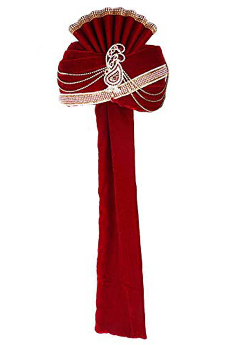 Beautiful Lace Embroidered Deep Red Velvet Men's Turban - MT46- Andaaz ...