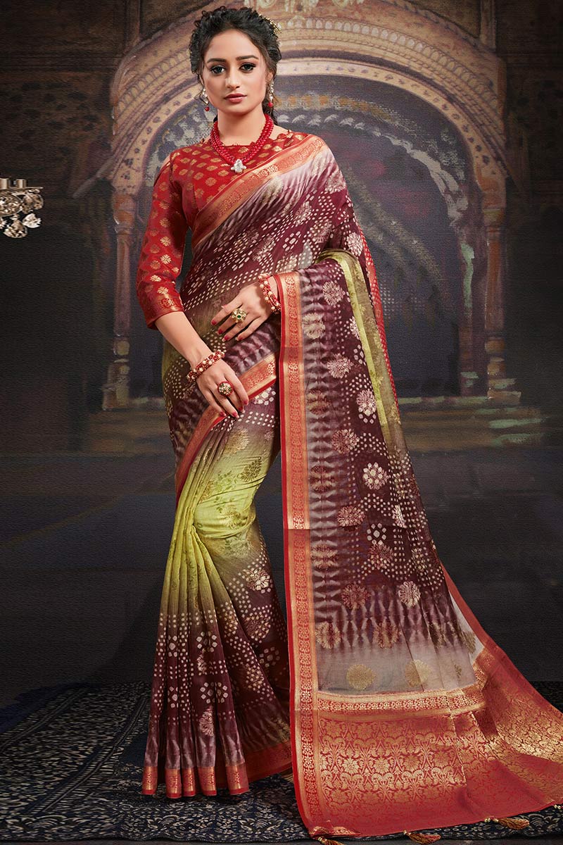 Sarees Chanderi Tradicionais Beige And Brown Chanderi Silk Saree