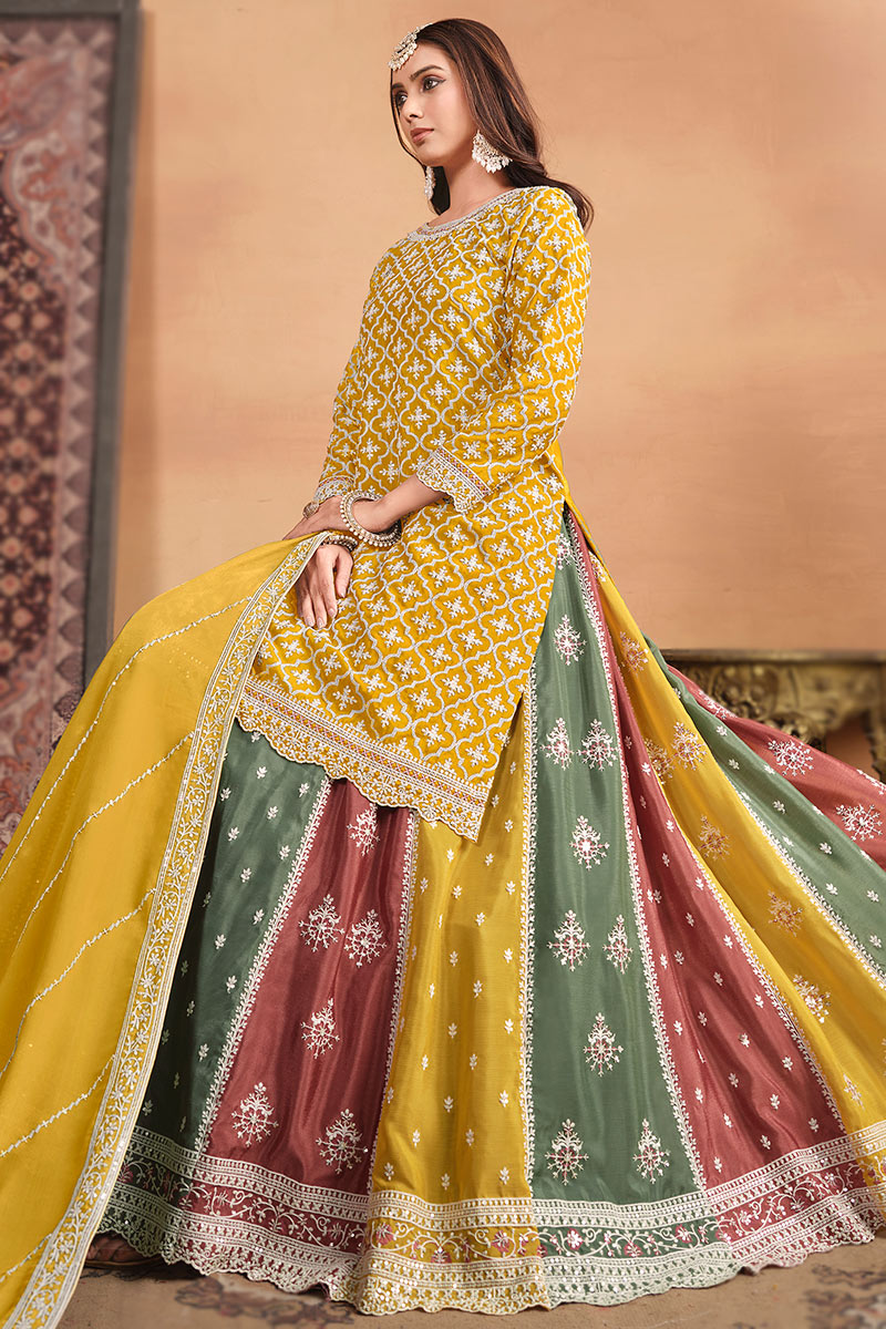Multi Color Chinnon Embroidered Long Choli Lehenga For Haldi LLCV118210