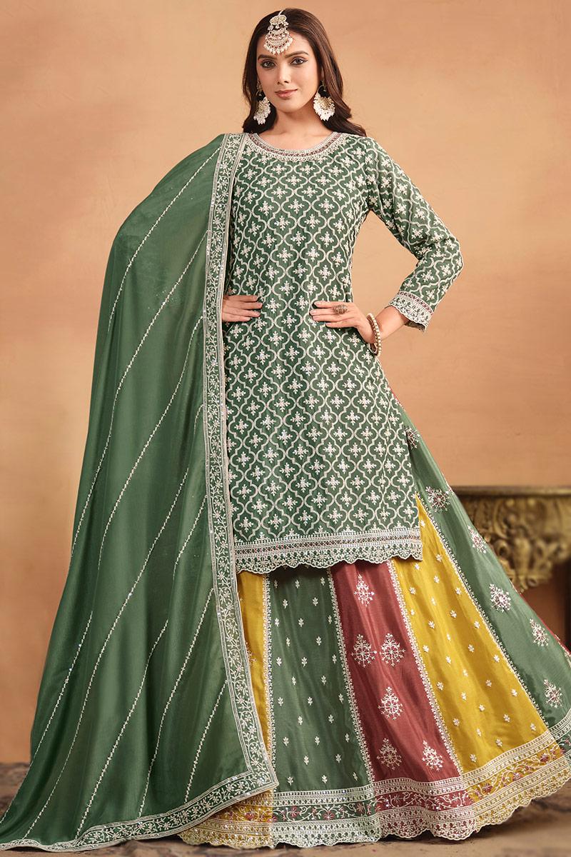 Multi Color Chinnon Embroidered Long Choli Lehenga For Mehndi LLCV118212