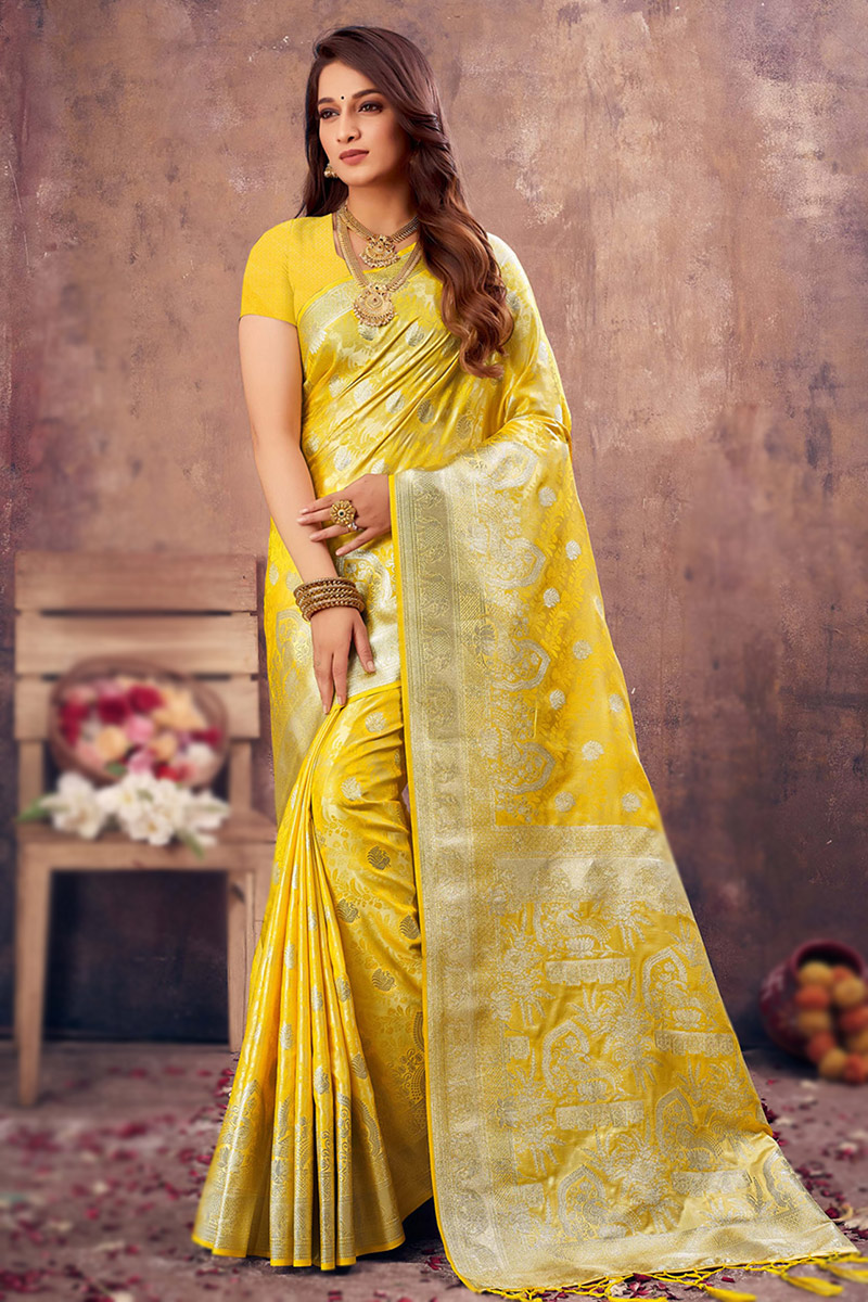 Women's Fashion Clothes Mustard Yellow Banarasi Silk Broad Border Woven ...