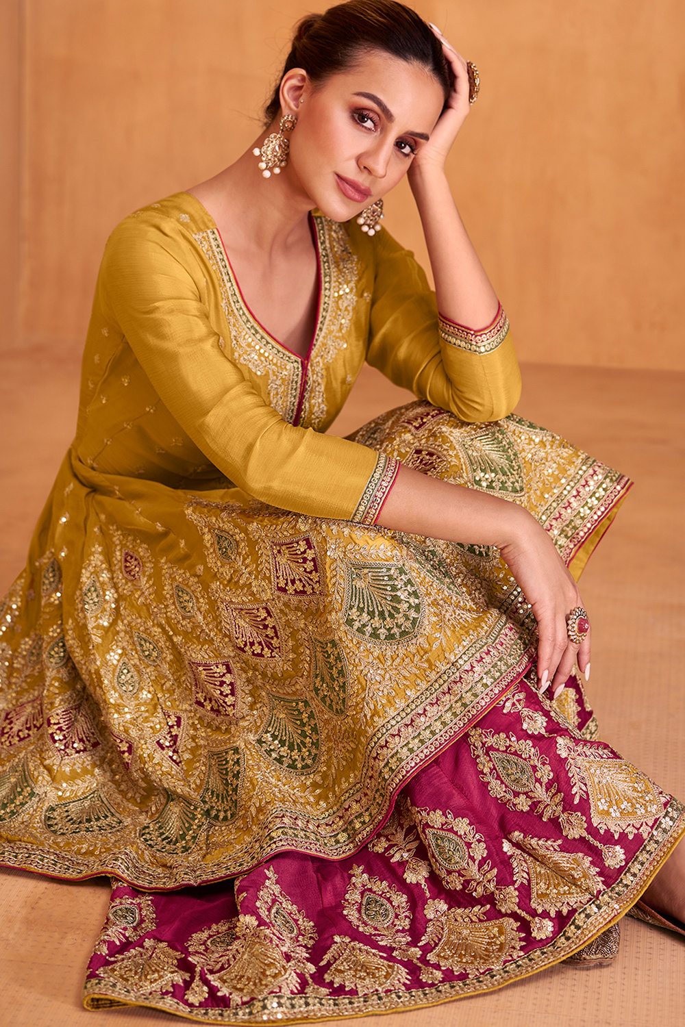 Mustard Yellow Chinnon Embroidered Palazzo Suit LSTV130380