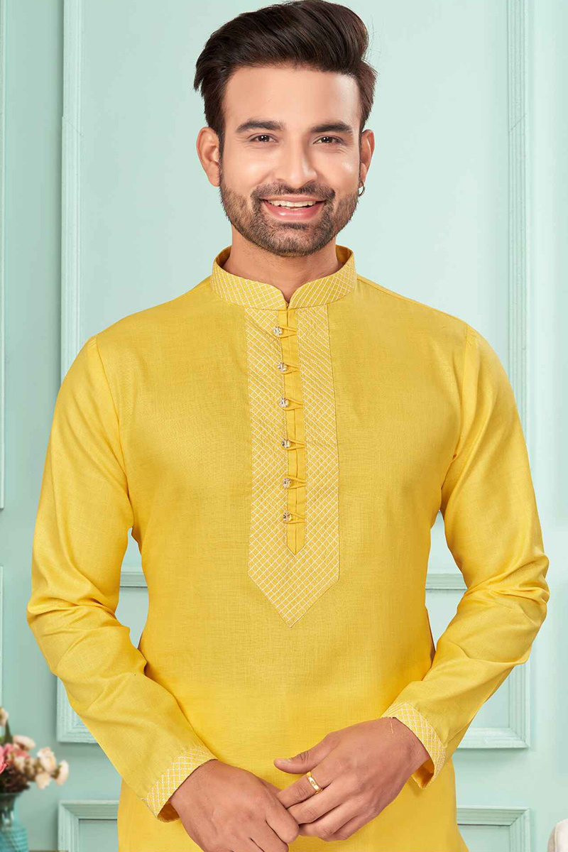 Mustard Yellow Cotton Men's Straight Cut Kurta Pajama With Lace MKPA06948