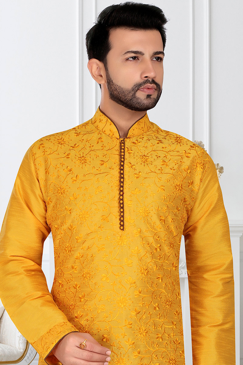 Mustard Yellow Dupion Silk Embroidered Men Kurta Pajama MKPA06105