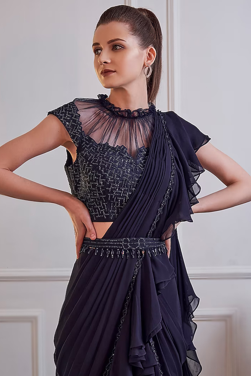 Navy Blue Beads Embroidered Georgette Fancy Ruffle Saree SARV178524