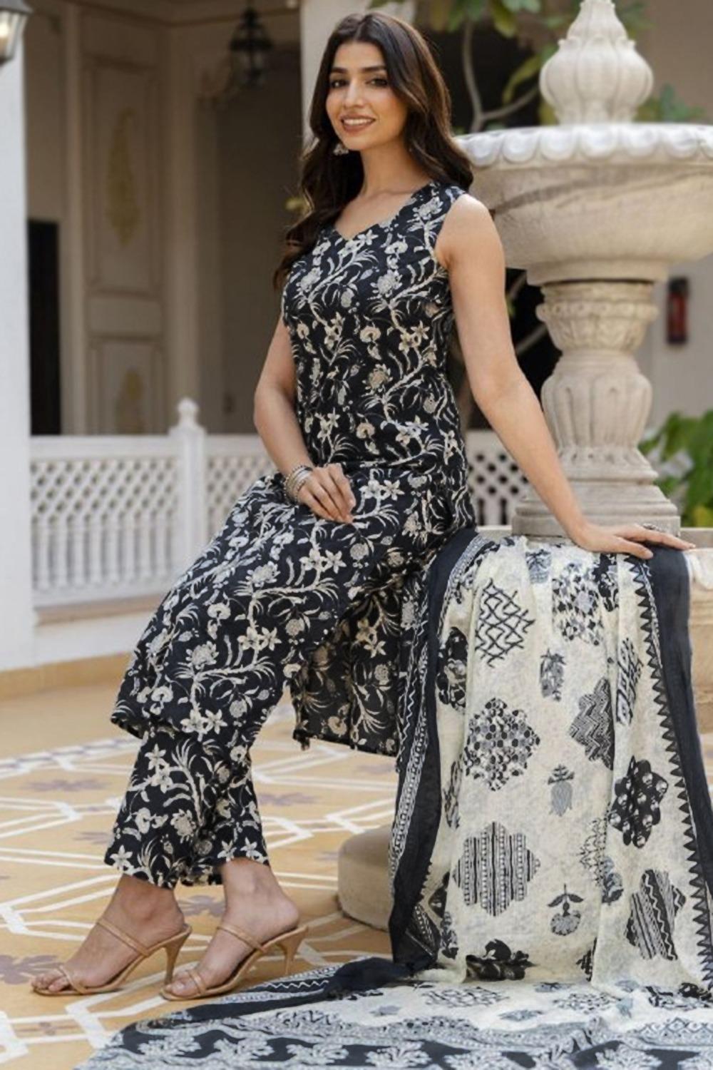 Black Cotton Printed Casual Wear Trouser Suit LSTV130894