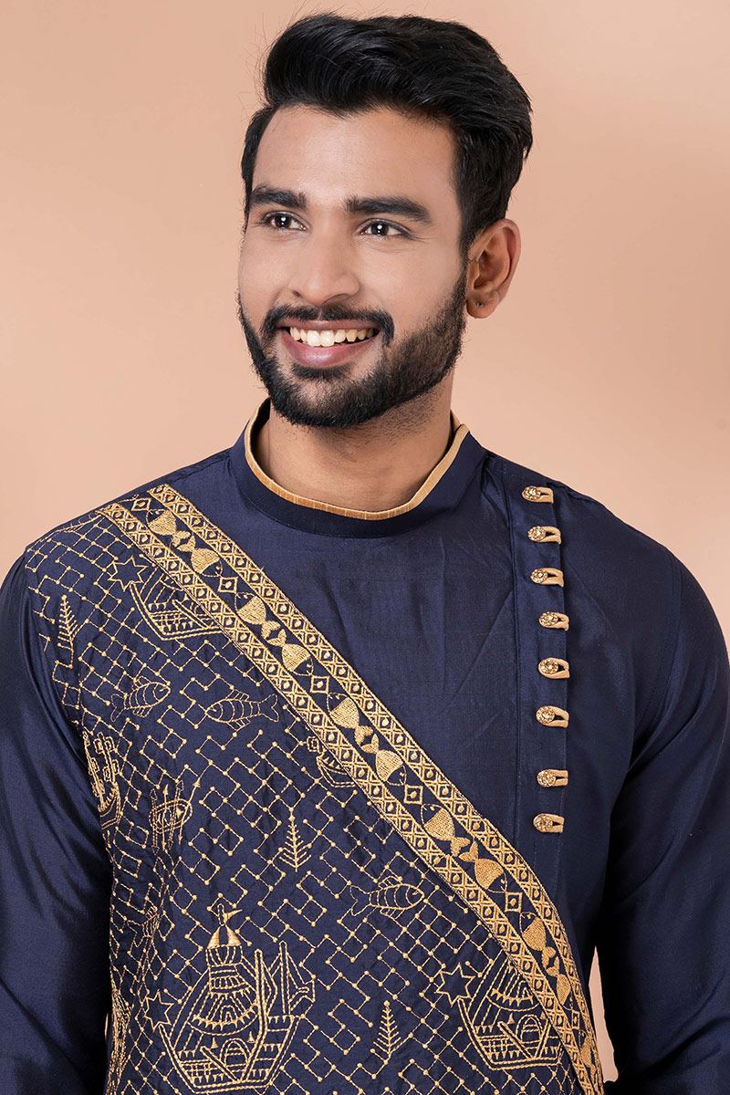 Navy Blue Cotton Silk Embroidered Men's Kurta With Dhoti MKPA07560