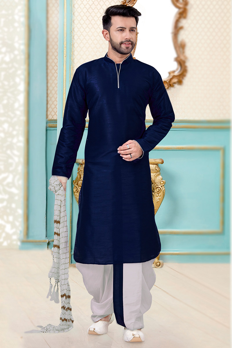 Plain Navy Blue Men Kurta Pajama With Dhoti MKPA0580