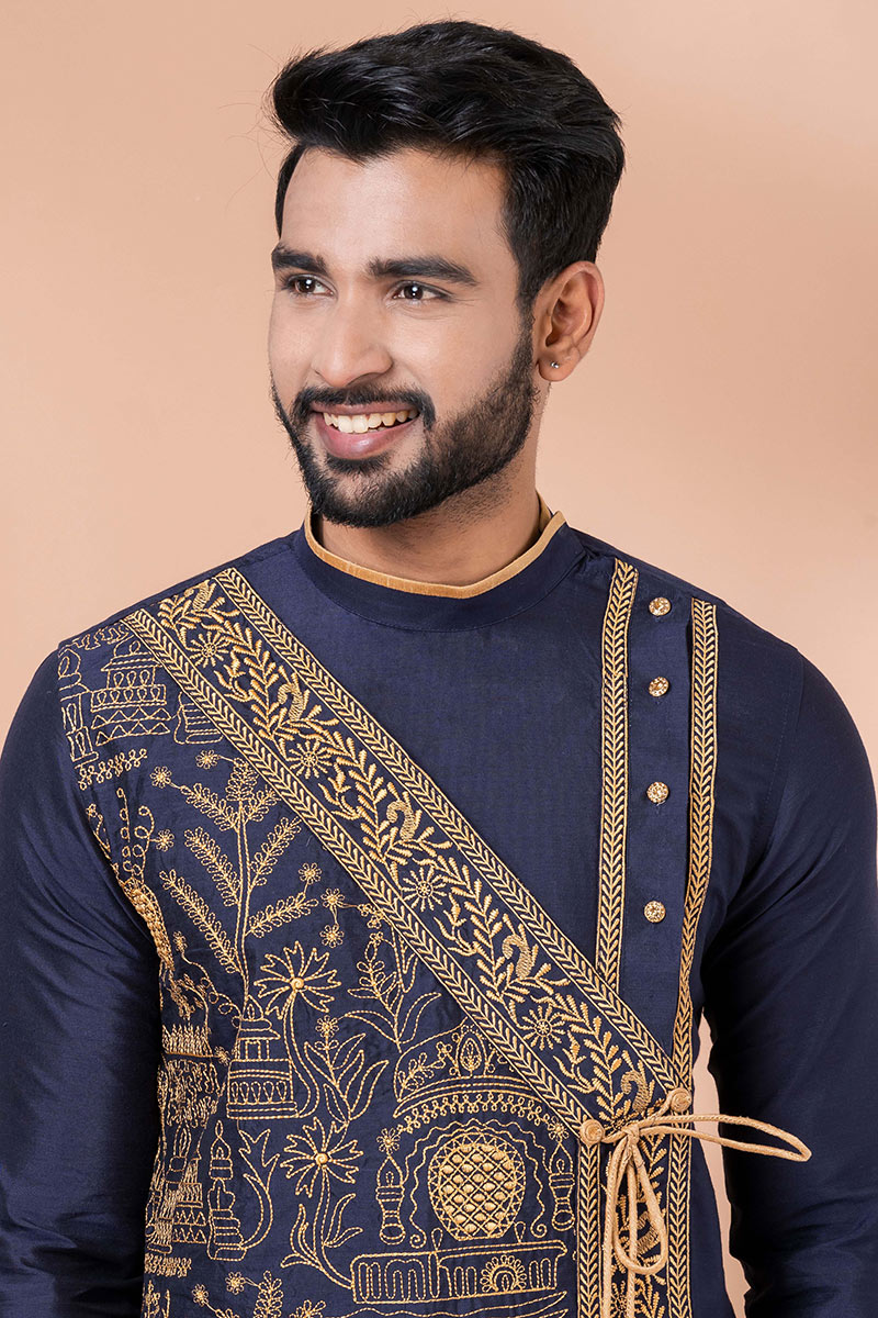 Navy Blue Embroidered Cotton Silk Men's Kurta With Dhoti MKPA07562