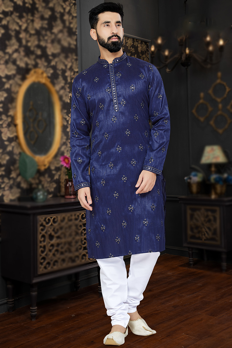 Navy Blue Embroidered Dupion Silk Men's Kurta MKV00342