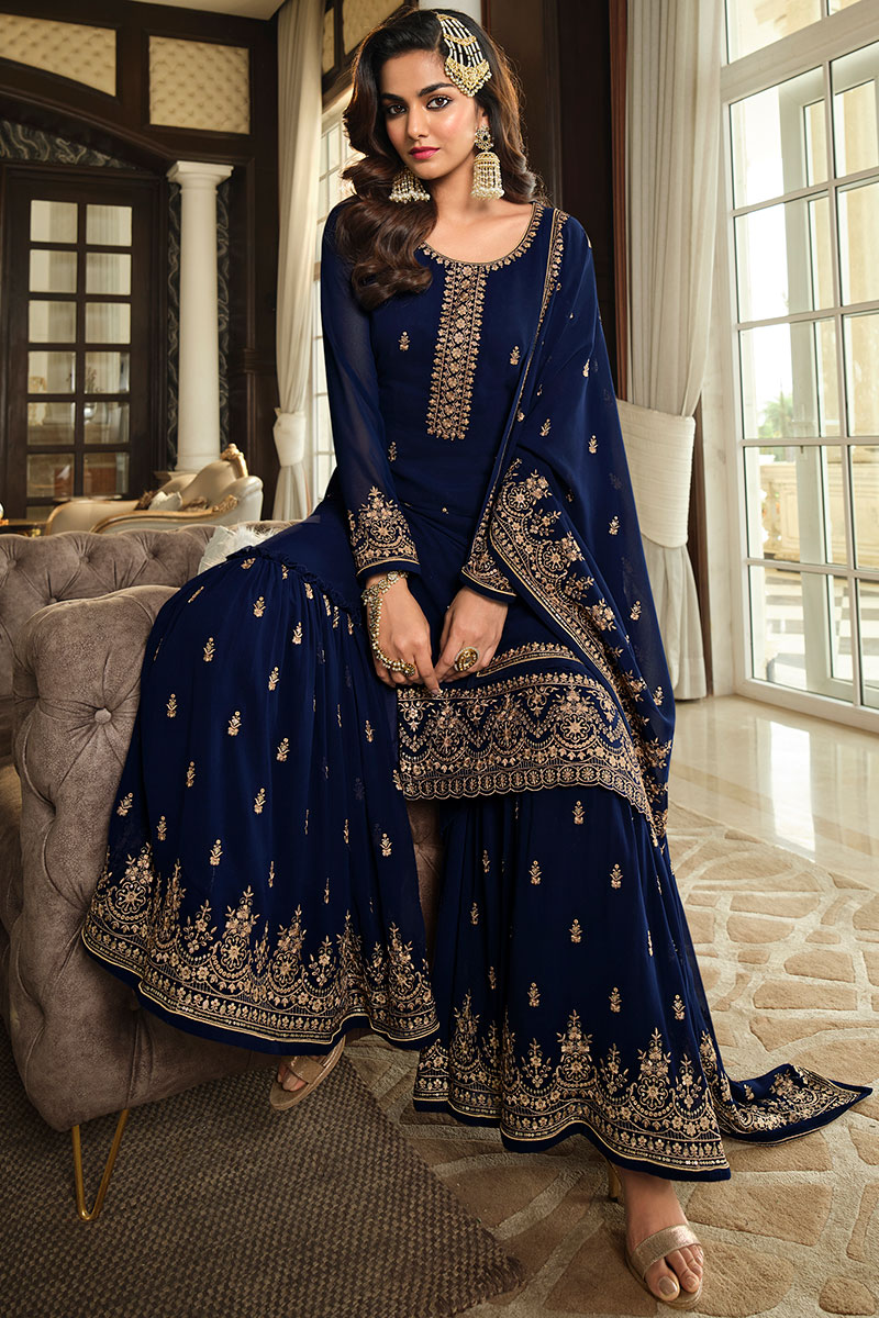 Buy Indian Prom Suits Georgette Navy Blue Sharara Suit LSTV121439