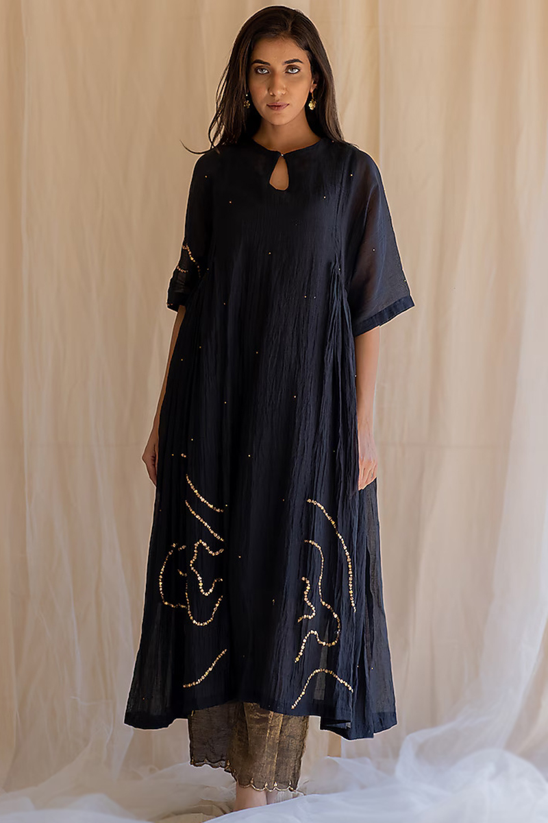 Navy Blue Sequins Embroidered Chanderi Cotton Trouser Suit LSTV129701