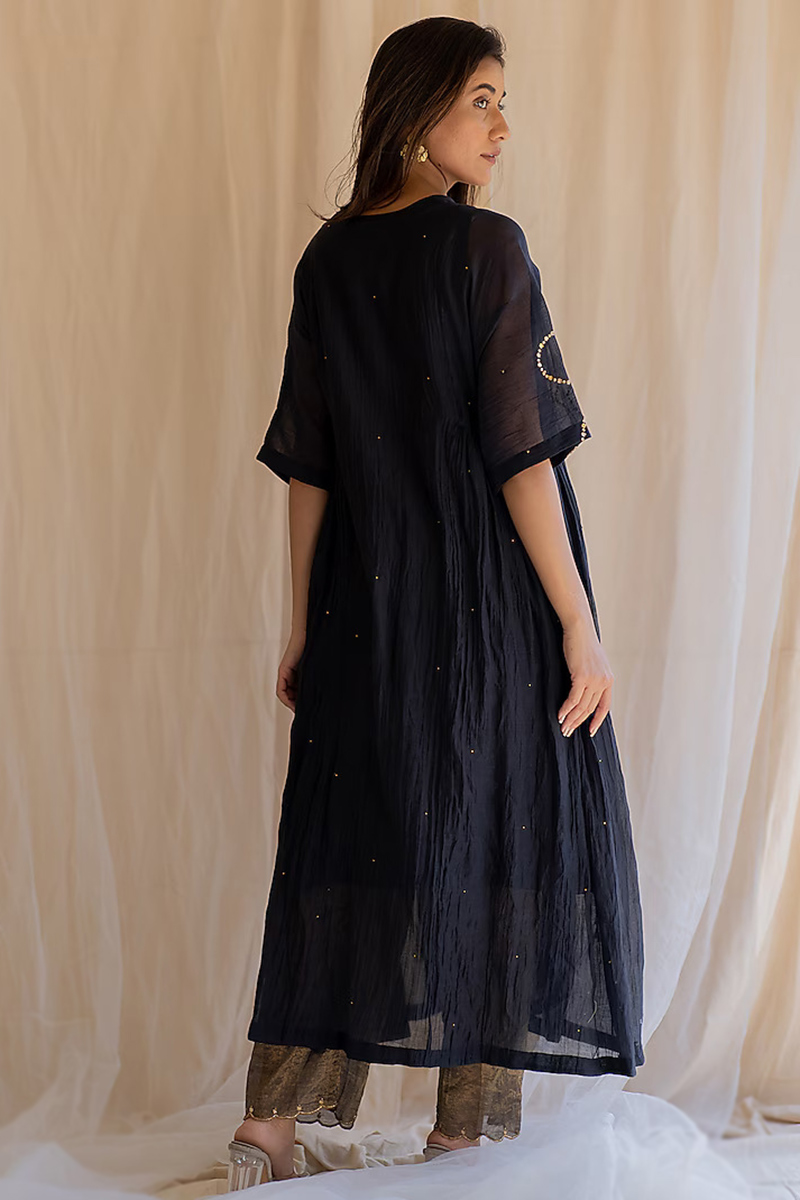Navy Blue Sequins Embroidered Chanderi Cotton Trouser Suit LSTV129701