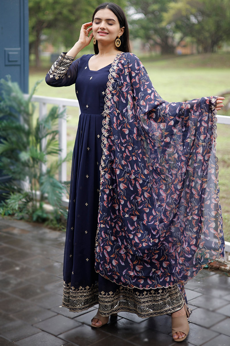 Navy Blue Sequins Embroidered Georgette Anarkali Suit LSTV127543