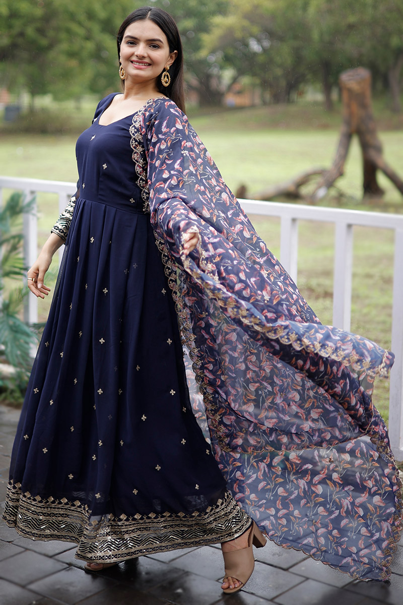 Navy Blue Sequins Embroidered Georgette Anarkali Suit LSTV127543