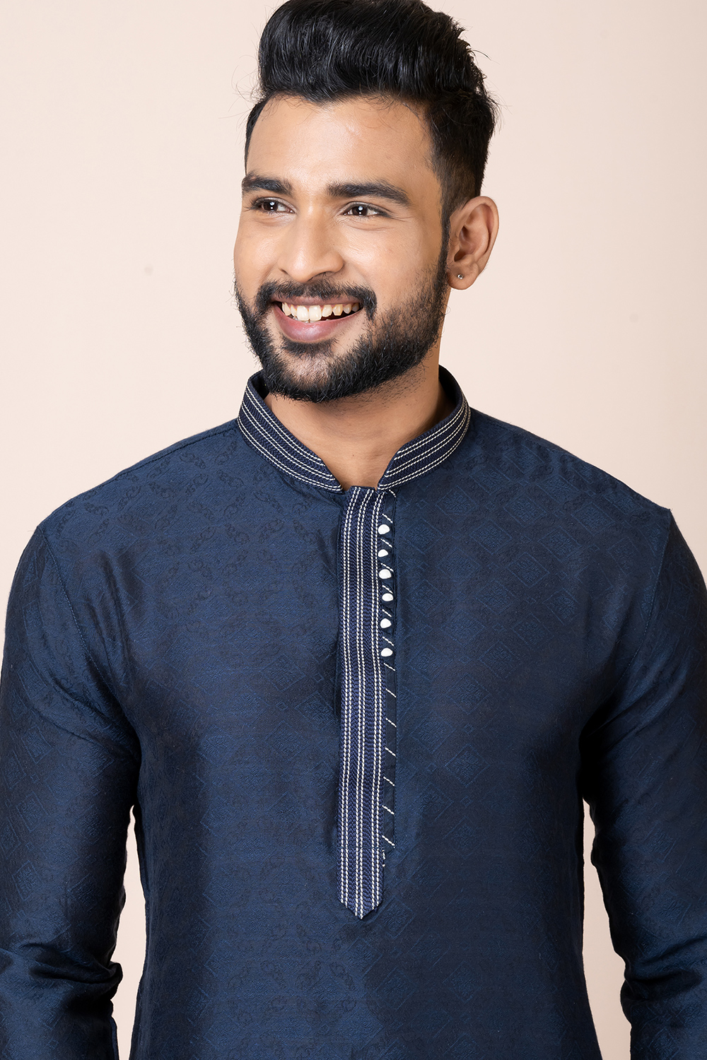 Navy Blue Weaved Thread Men's Kurta With Churidar For Sangeet MKPA07770