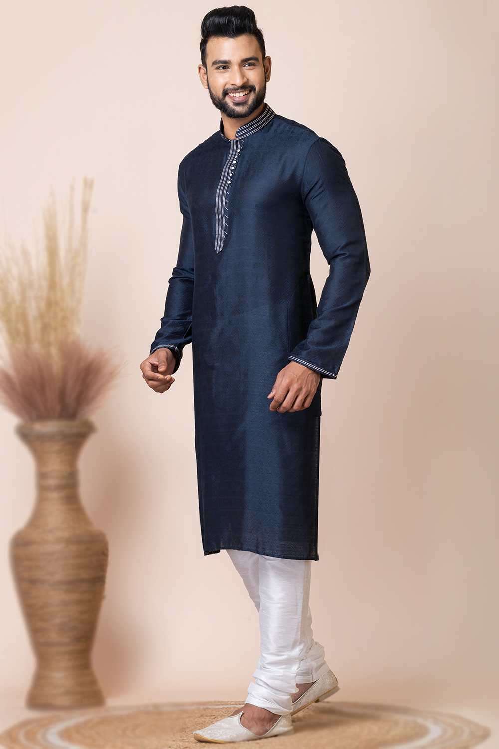 Navy Blue Weaved Thread Men's Kurta With Churidar For Sangeet MKPA07770