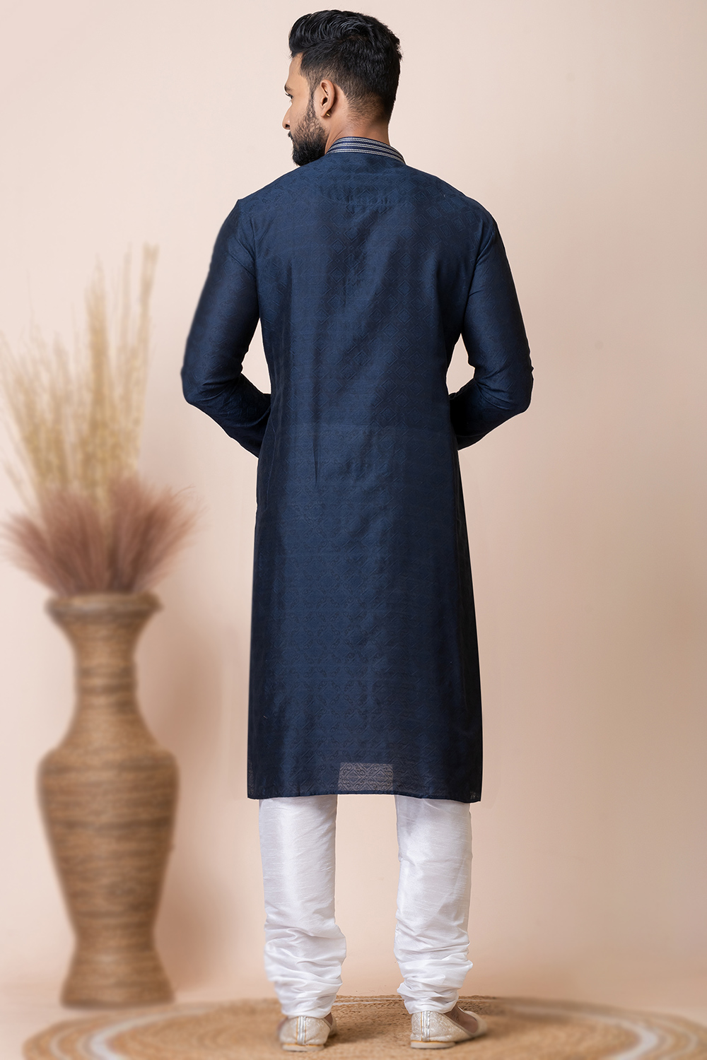 Navy Blue Weaved Thread Men's Kurta With Churidar For Sangeet MKPA07770