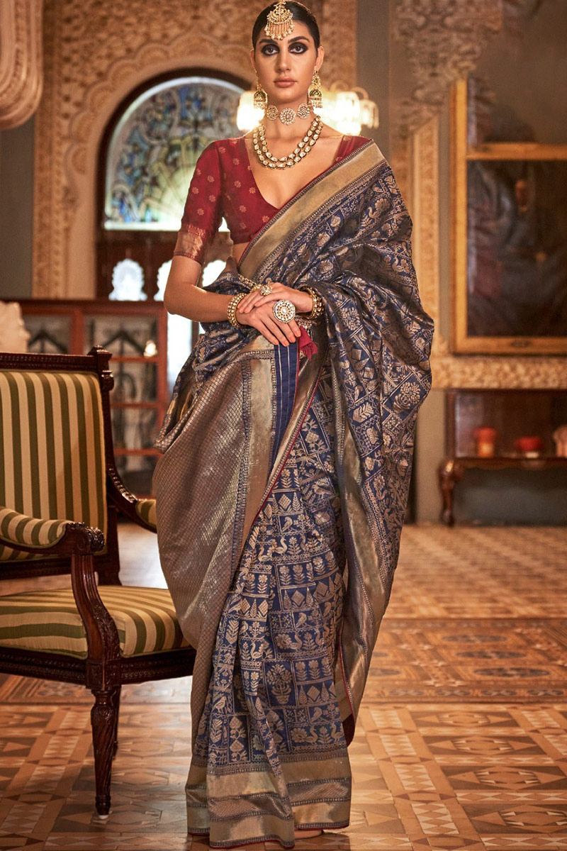 Navy Blue Weaved Zari Banarasi Silk Broad Border Saree SARV166144