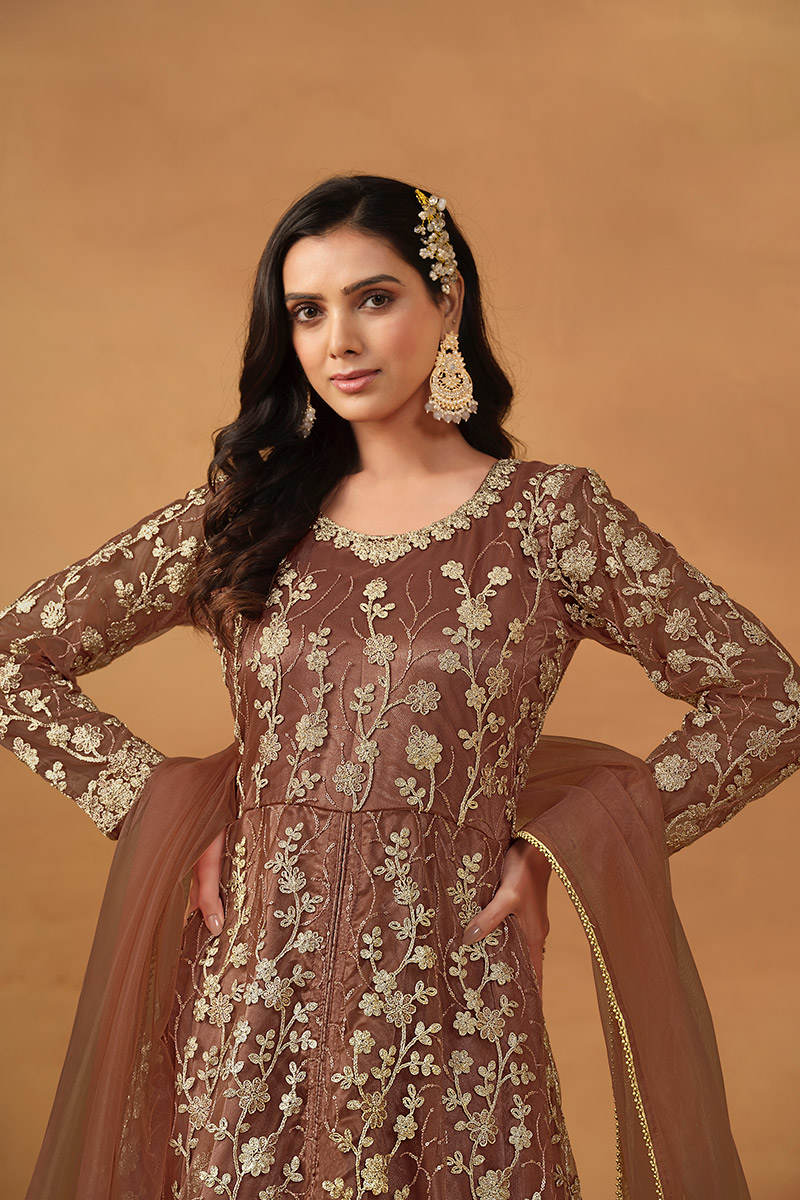 Net Brown Sequins Embroidered Front Slit Anarkali Suit LSTV128640