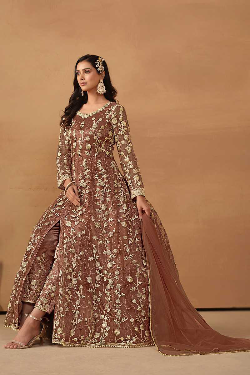 Net Brown Sequins Embroidered Front Slit Anarkali Suit LSTV128640