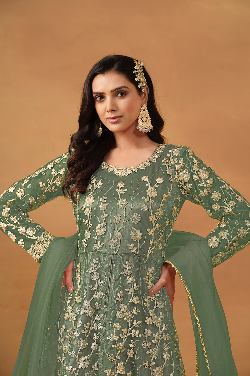 Net Dusty Green Sequins Embroidered Front Slit Anarkali Suit LSTV128638