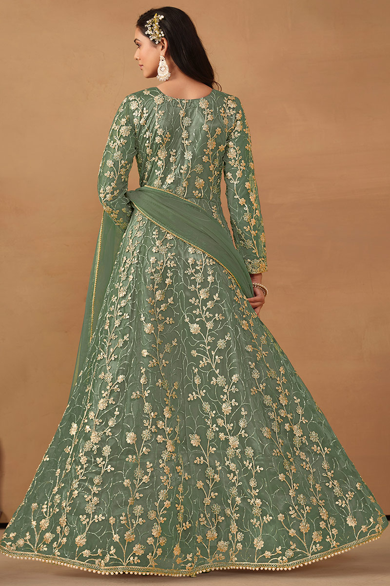 Net Dusty Green Sequins Embroidered Front Slit Anarkali Suit LSTV128638