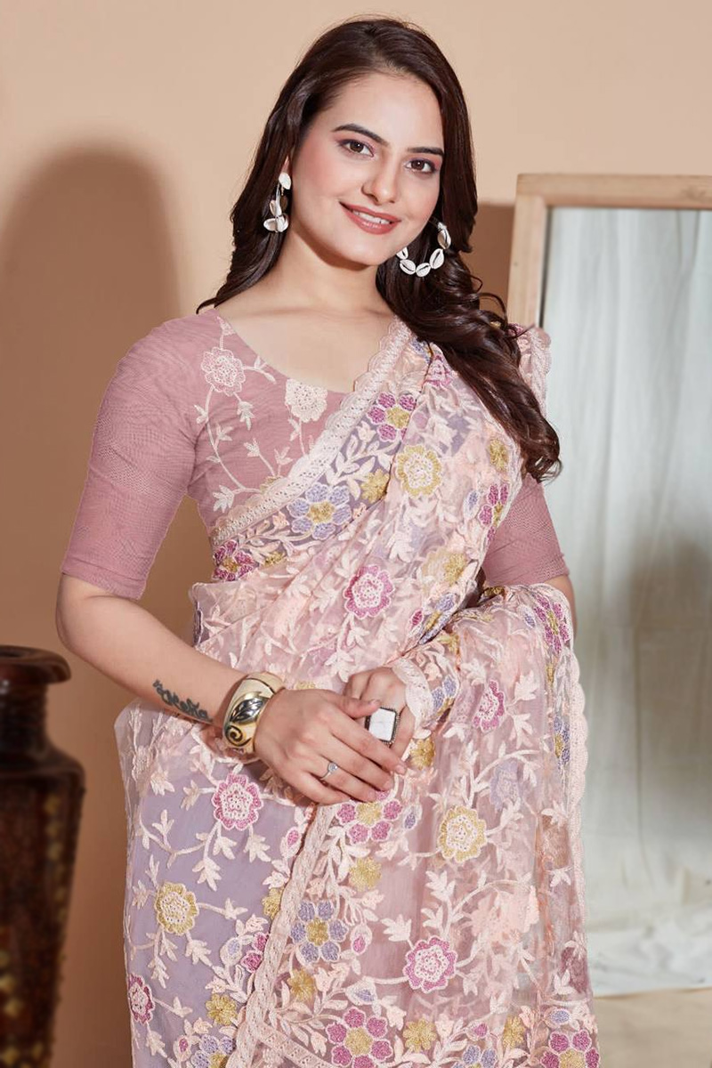Net Dusty Pink Resham Embroidered Heavy Saree SARV172136