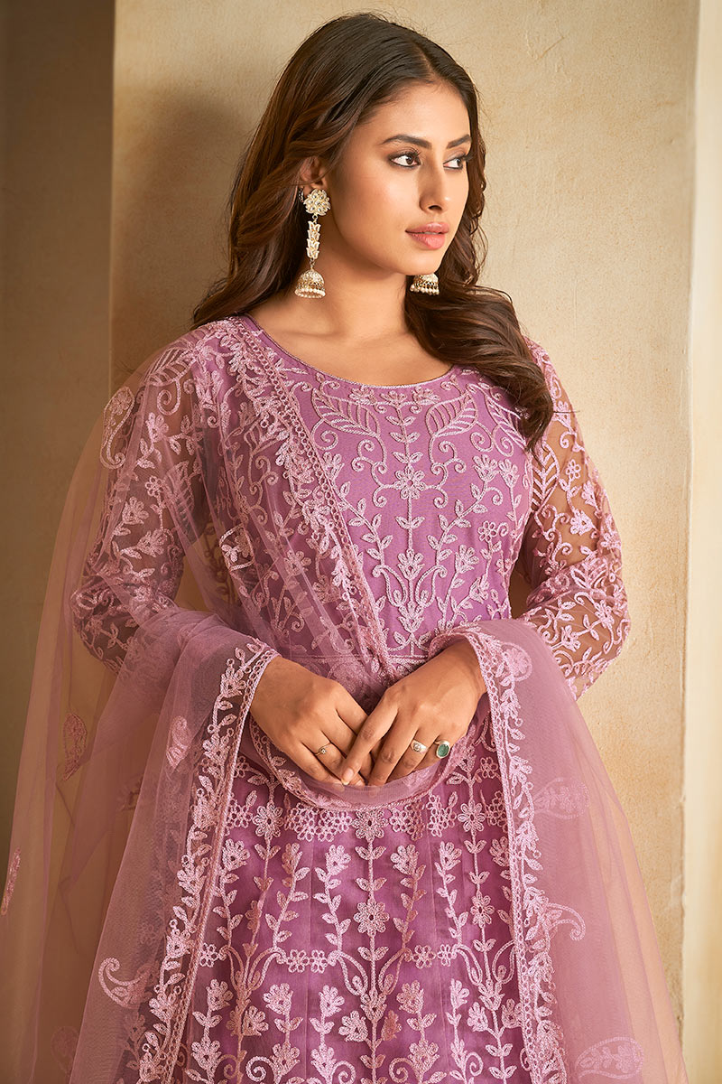 Net Lavender Pink Resham Thread Embroidered Anarkali Suit LSTV127896