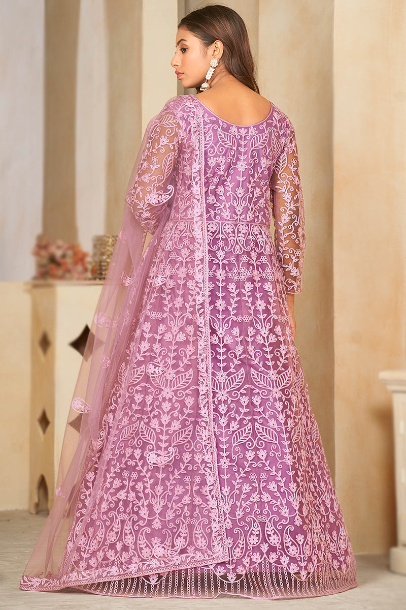 Net Lavender Pink Resham Thread Embroidered Anarkali Suit LSTV127896